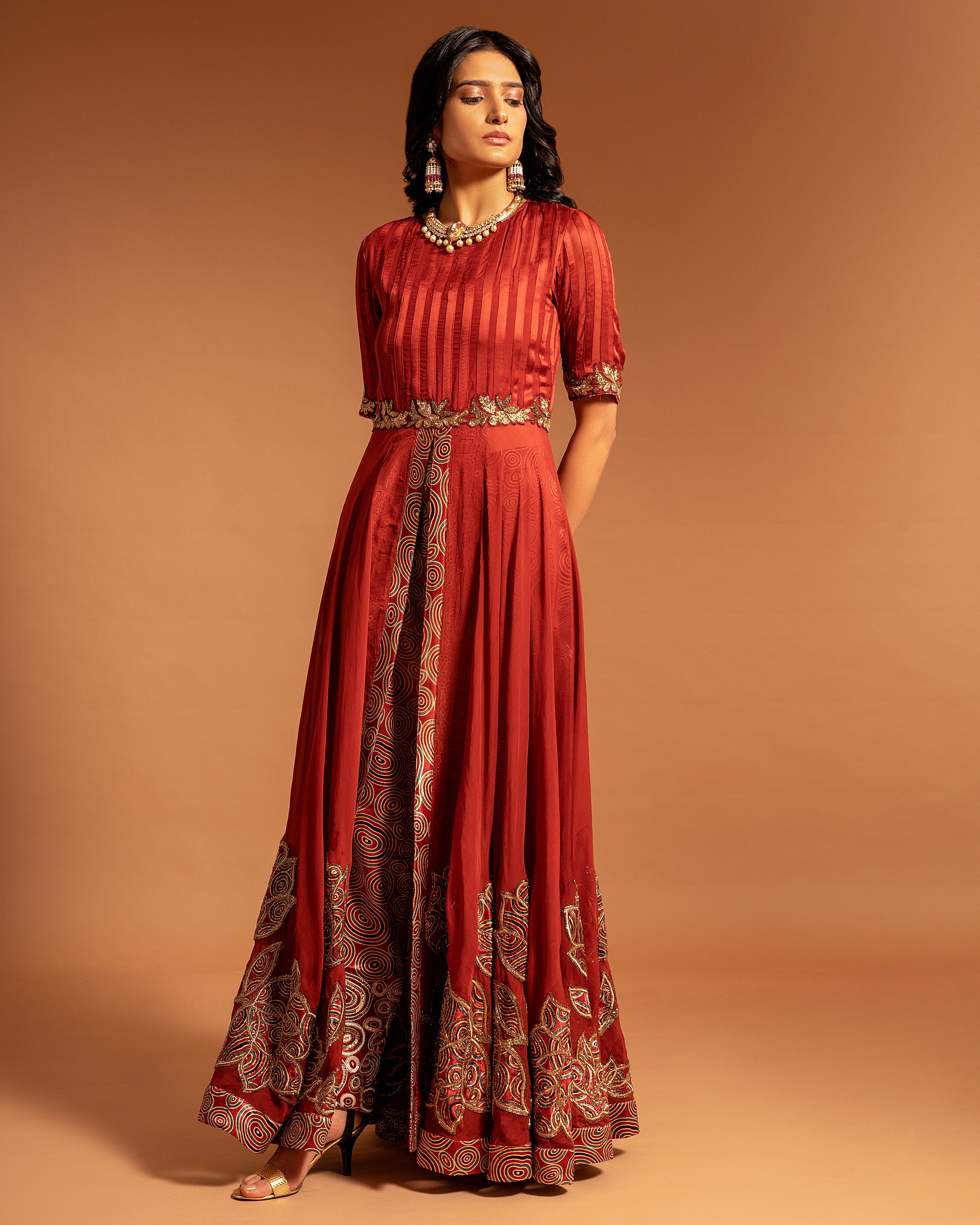 Maroon Patchworked Anarkali with ajrakh Pant – Sejal Kamdar Designs