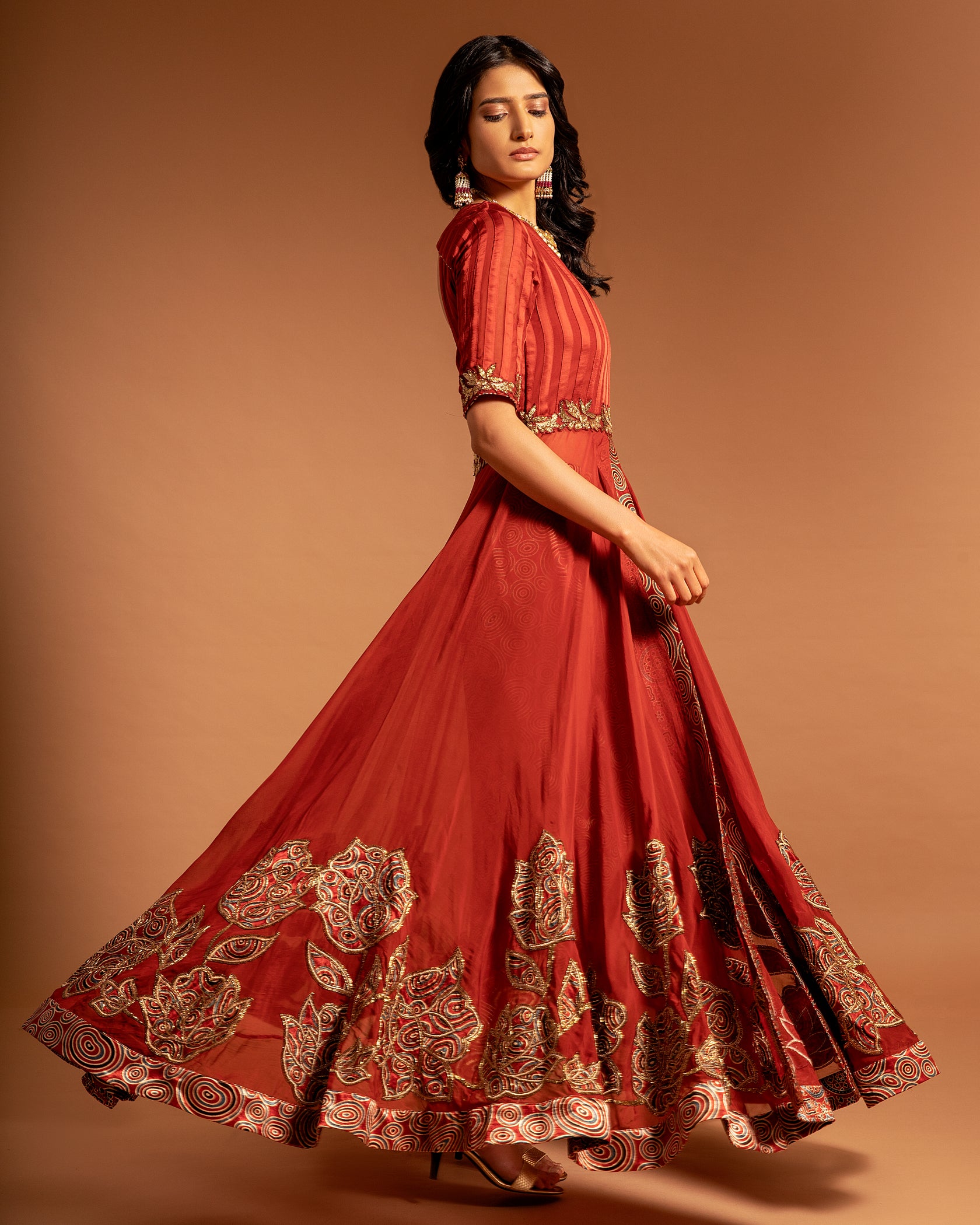 Maroon Patchworked Anarkali with ajrakh Pant – Sejal Kamdar Designs