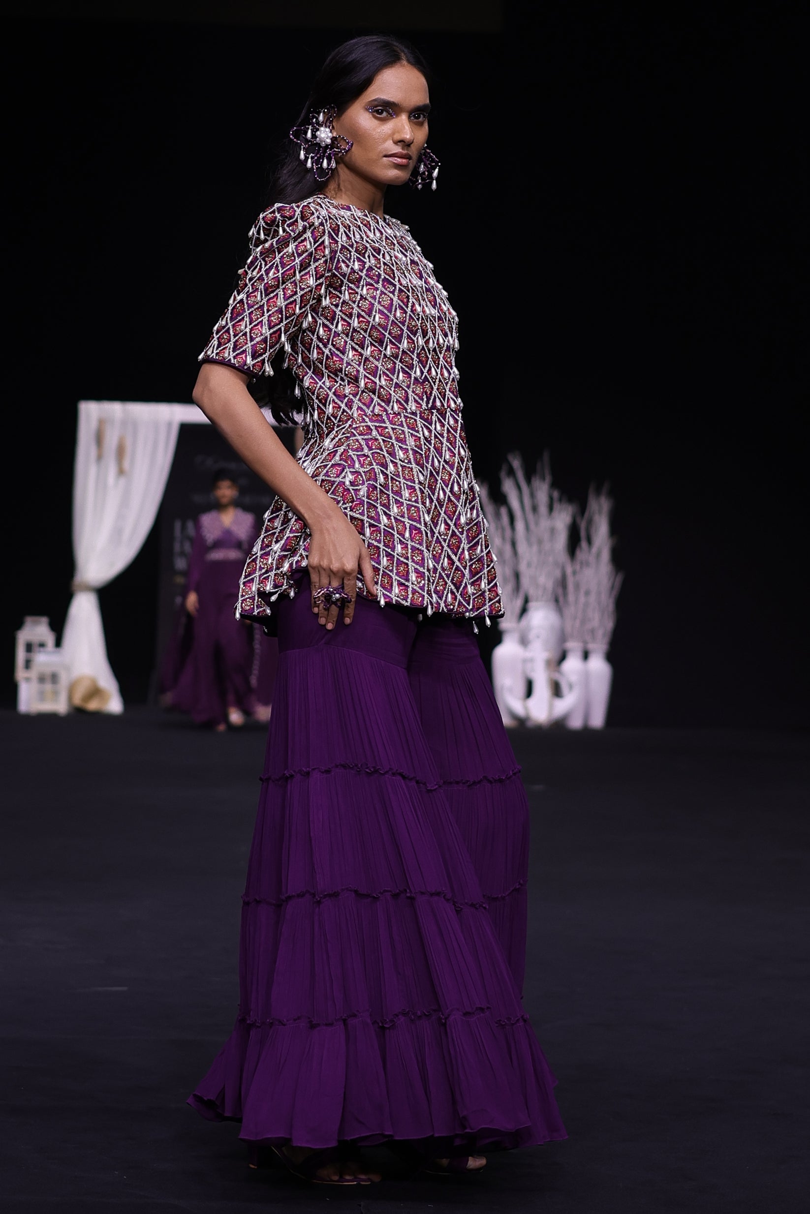 Purple fully embellished ajrakh peplum top with gathered sharara set ...