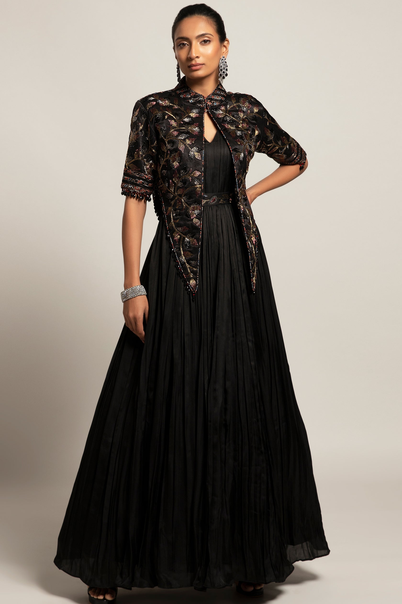 Black Gathered Gown with Embellished Jacket – Sejal Kamdar Designs