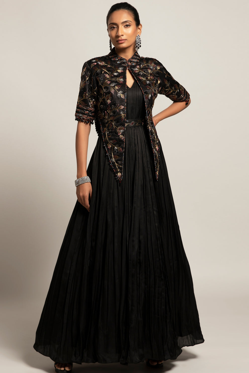 Black Gathered Gown with Embellished Jacket – Sejal Kamdar Designs