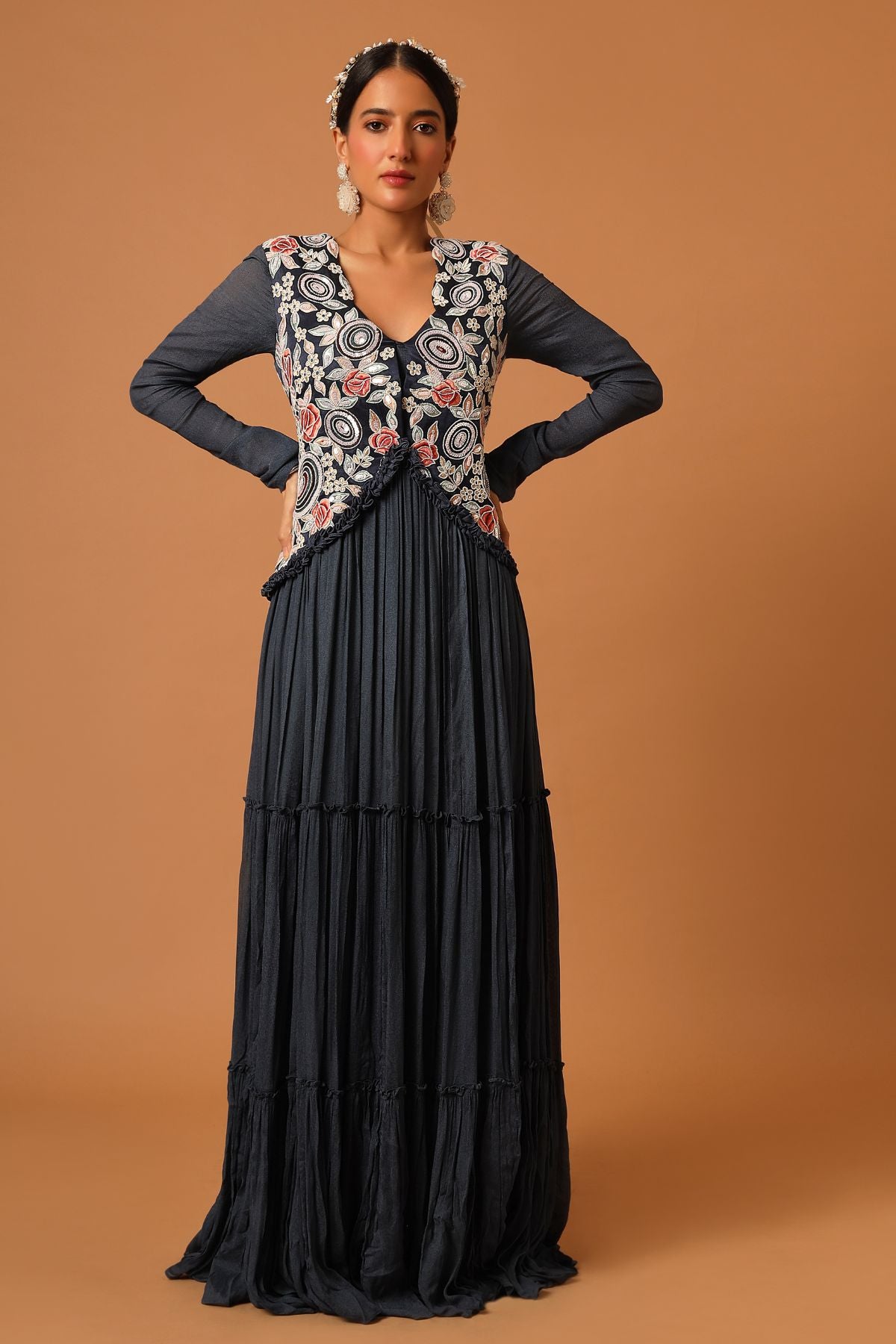 Navy blue embroidered tiered Layered Dress – Sejal Kamdar Designs